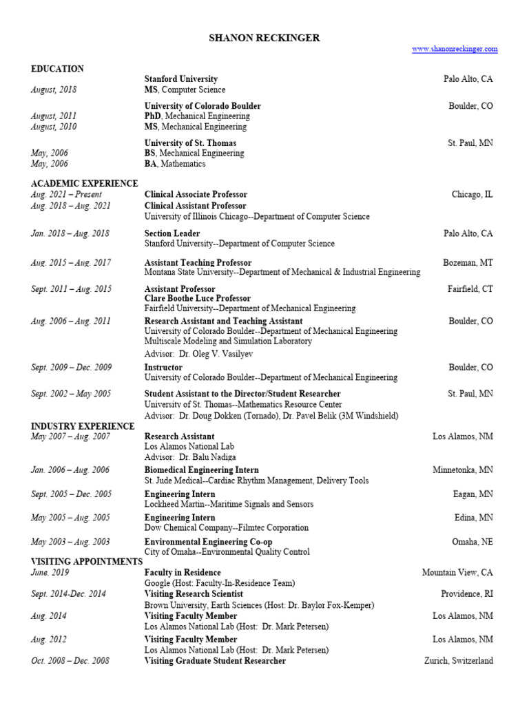 Shanon Reckinger: Academic CV Overview | PDF | Association For ...