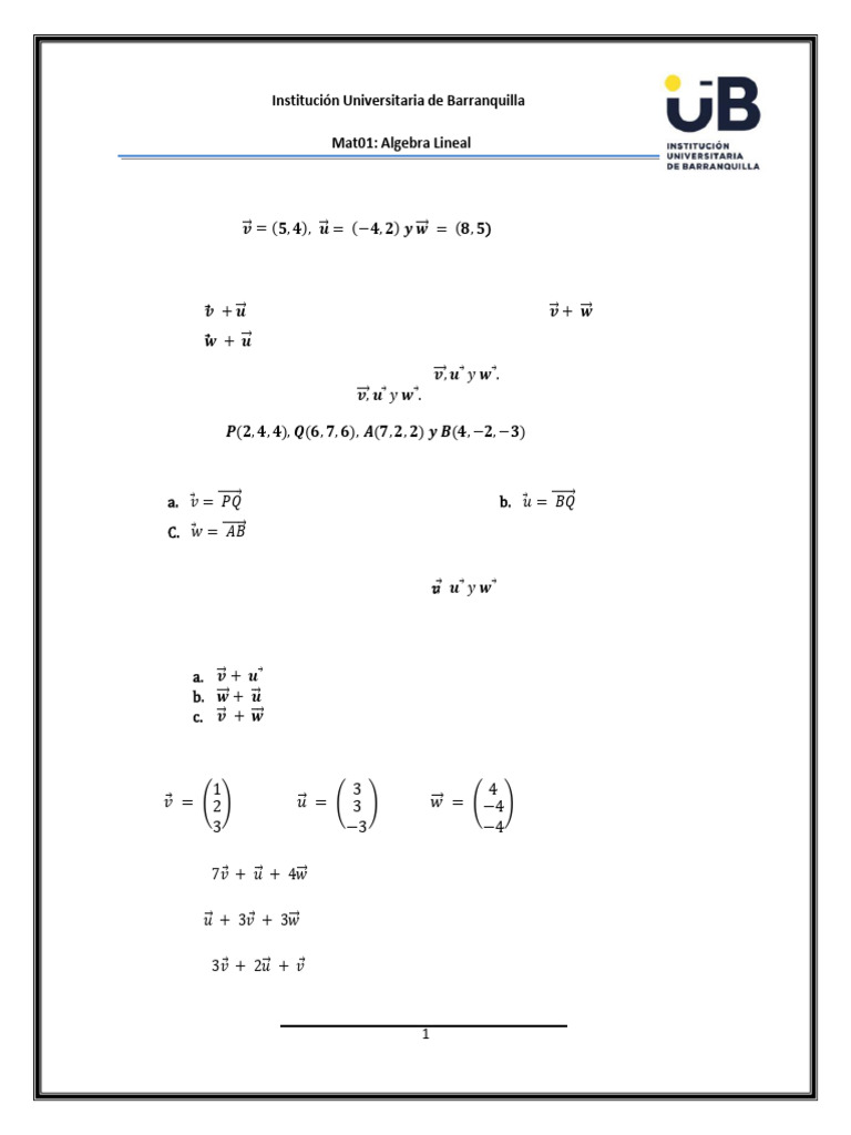 Taller de Vectores N1 - Representacion - Mat01 | PDF | Ciencia y matemáticas | Informática