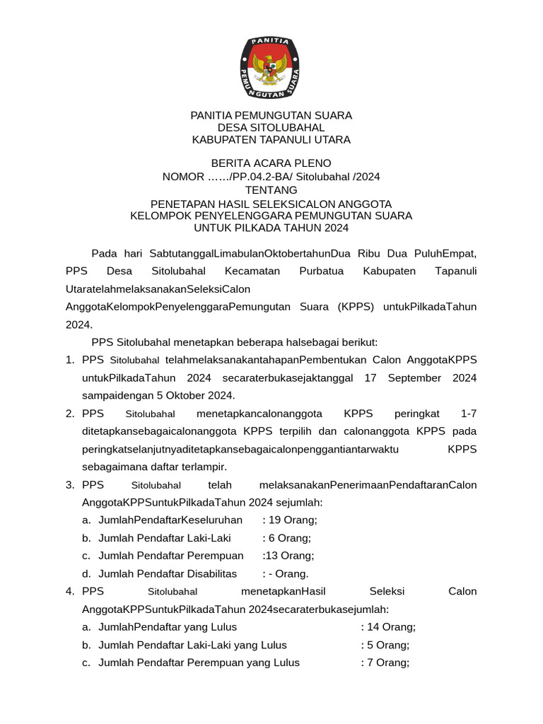0 Berita Acara PPS Penetapan Hasil Seleksi KPPS | PDF