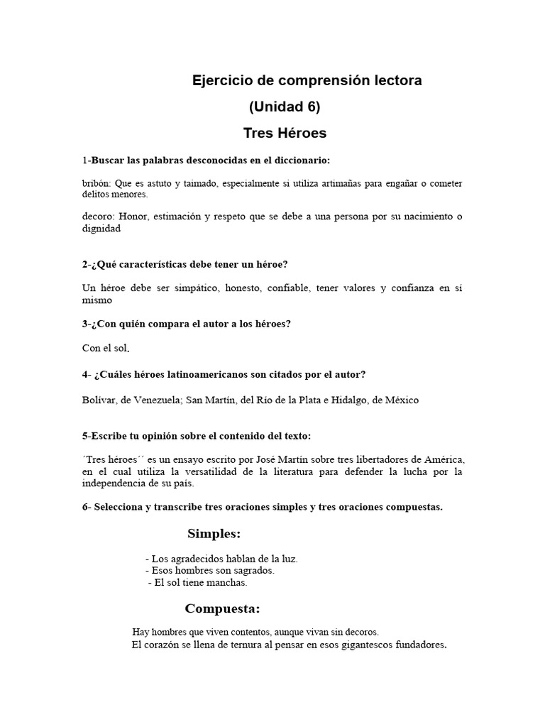 Ejercicio de Comprensión Lectora. Unidad6 | PDF | Oración (Lingüística ...