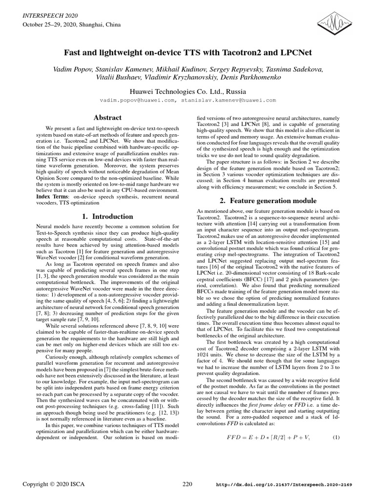 Fast and Lightweight On-Device TTS With Tacotron2 and LPCNet | PDF | Speech Synthesis