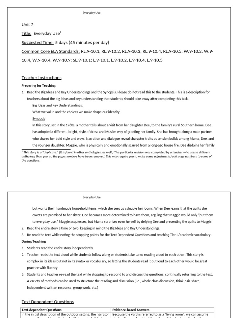 Teaching "Everyday Use" Analysis Guide | PDF | Quilt | Dream