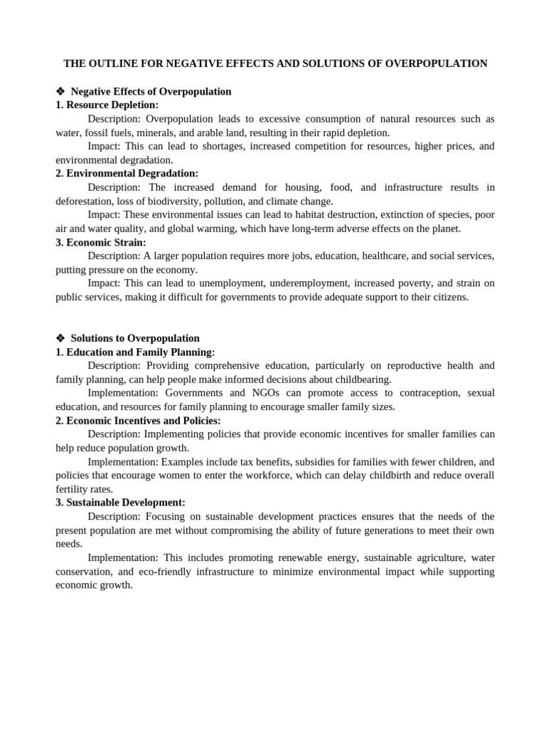 The Outline For Negative Effects and Solutions of Overpopulation | PDF