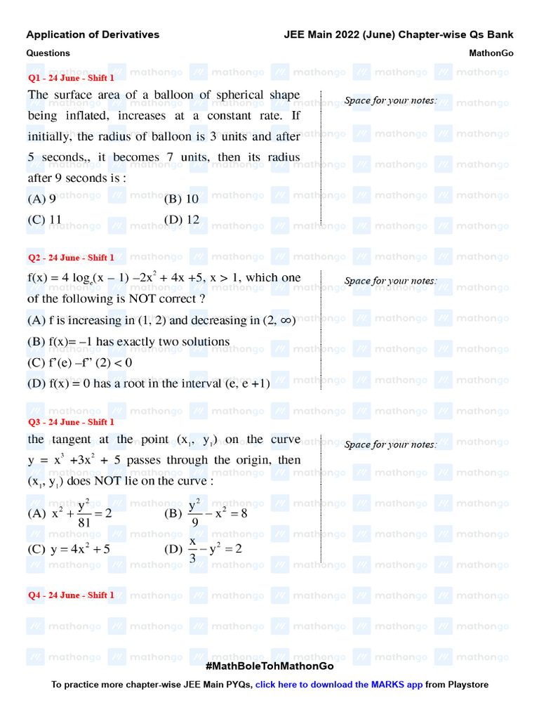 Application of Derivatives - JEE Main 2022 Chapter Wise Questions by MathonGo | PDF ...