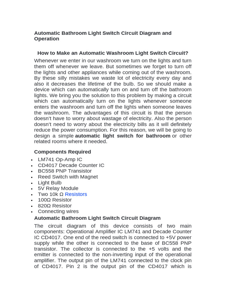 Automatic Bathroom Light Switch Circuit | PDF | Operational Amplifier | Bipolar Junction Transistor
