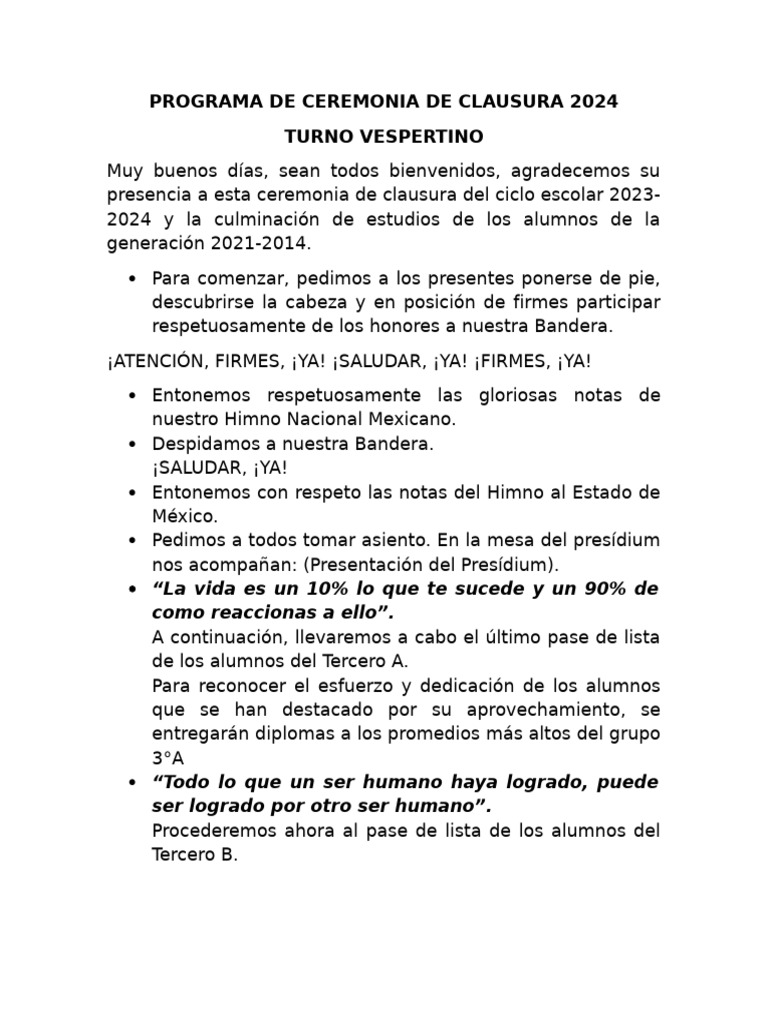 Programa de Ceremonia de Clausura 2024 | PDF