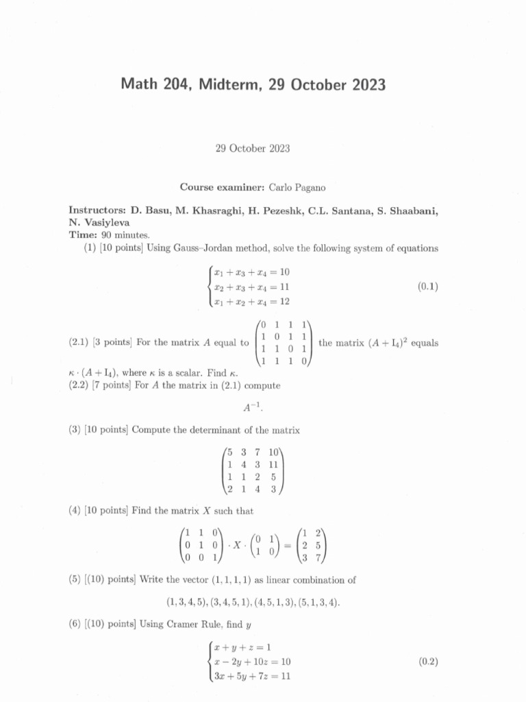 Math 204 Midterm Exam 2023 | PDF | Matrix (Mathematics) | Abstract Algebra