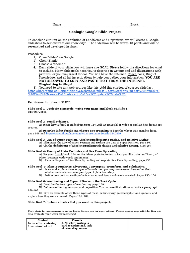 Geologic Project Slideshow RUBRIC - 2023 | PDF | Plate Tectonics | Geology