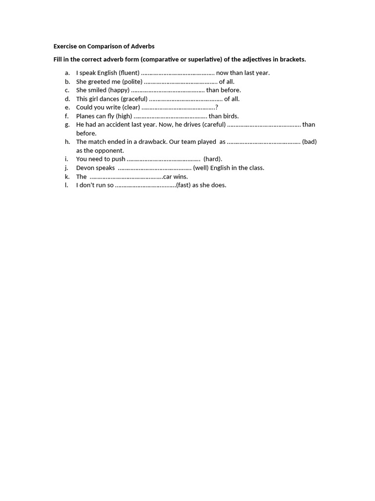 Exercise On Comparison of Adverbs | PDF