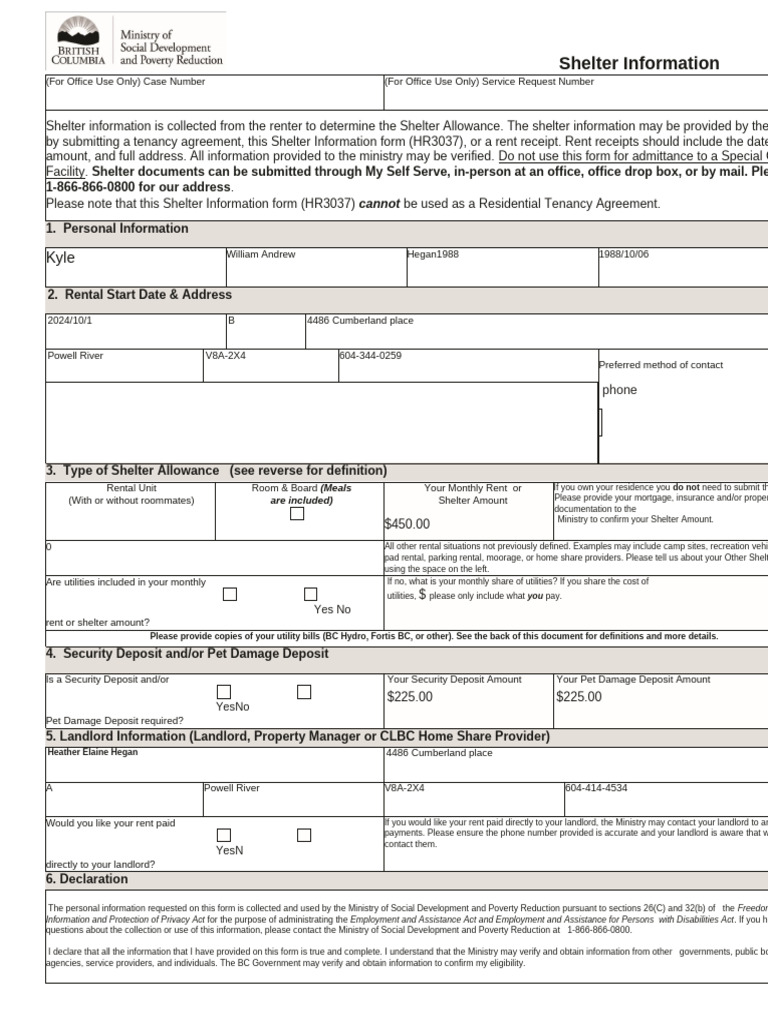 Shelter Allowance Information Form HR3037 | PDF | Renting | Landlord