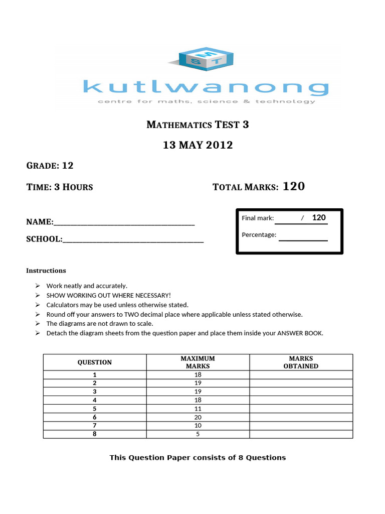 Grade 12 Mathematics Test 3 (2012) Final | PDF | Mathematics