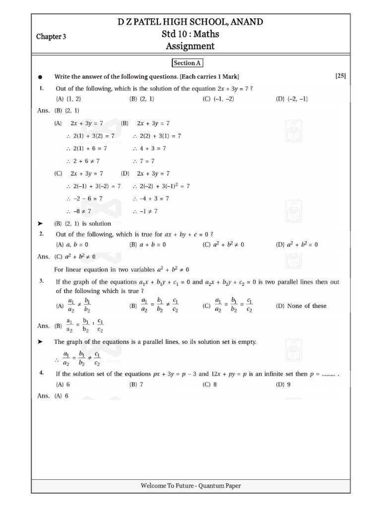 Class 10 Maths - CH 3 Assignmnet Solution | PDF