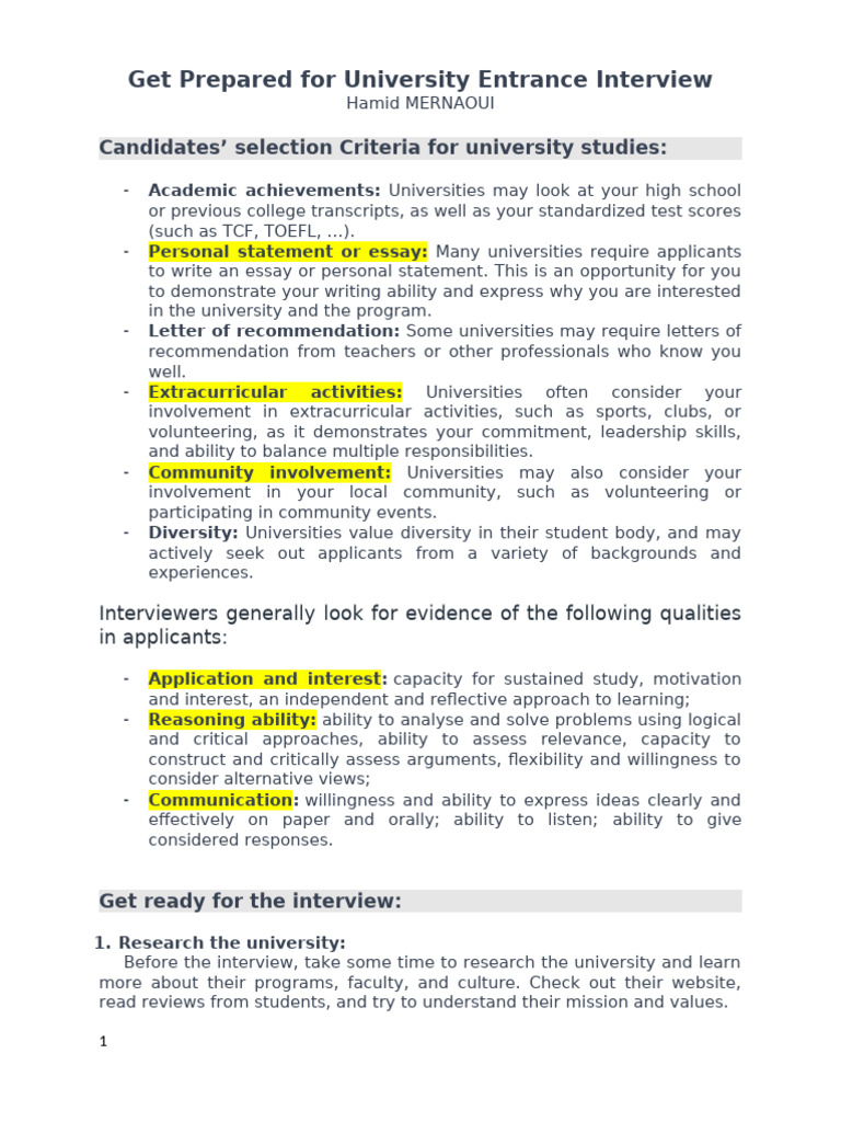 University Entrance Interview Prep Guide | PDF | Essays | Standardized ...