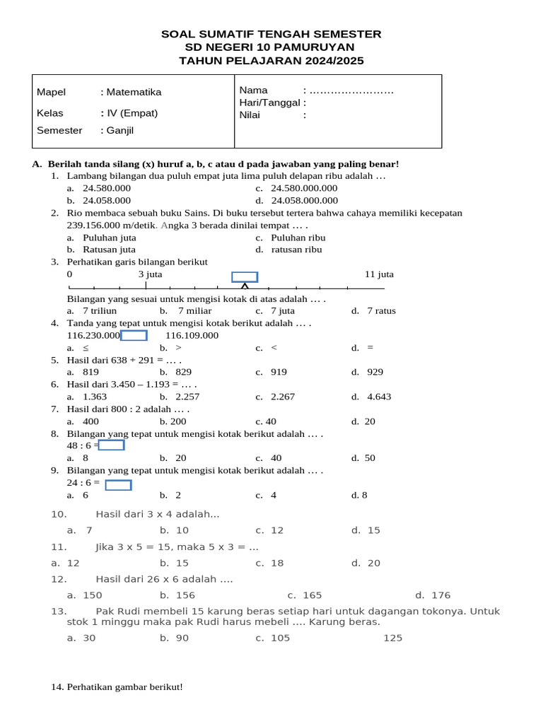 Soal STS 1 MTK Kelas 4 10 Pam | PDF