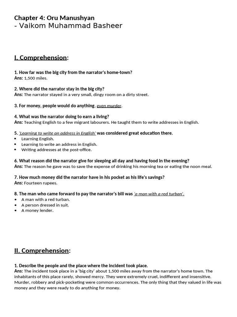 Oru Manushyan Notes | PDF