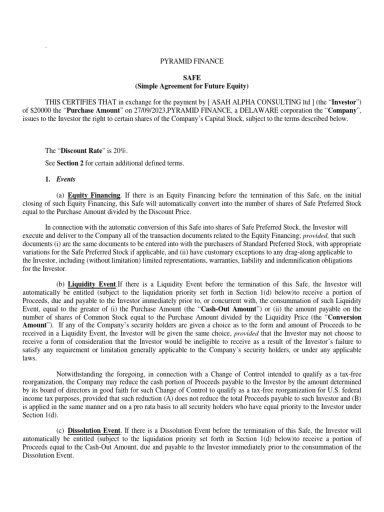 Safe Agreement for Pyramid Finance | PDF | Stocks | Securities (Finance)