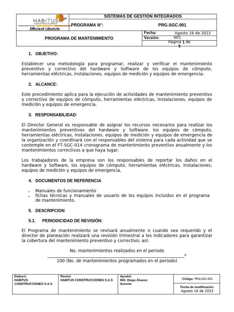 PRG-SGC-001 Programa de mantenimiento - OK | PDF | Programa de ...