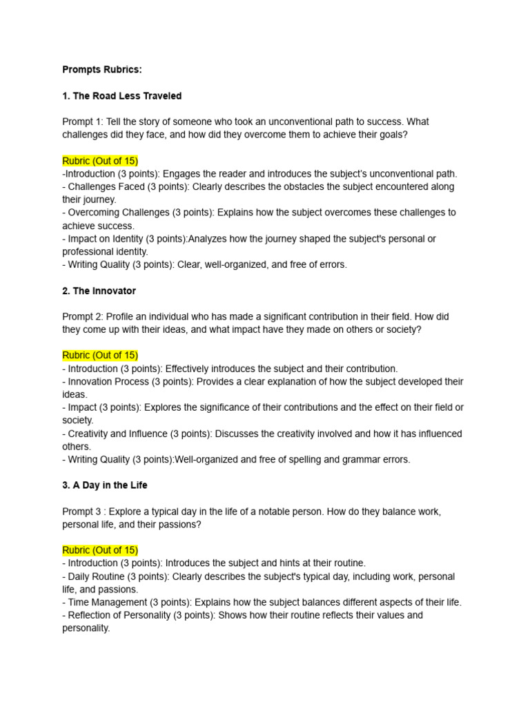 Prompts Rubrics | PDF | Mentorship | Psychology