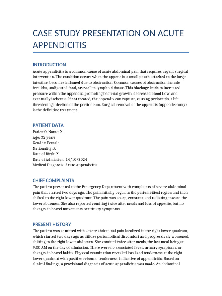 Case Study Acute Appendicitis | PDF | Symptoms And Signs | Digestive ...