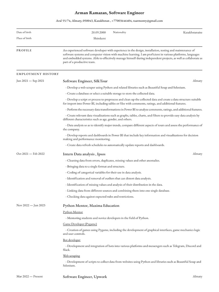 Arman Ramazan - Software Engineer | PDF | Data | Internet Bot