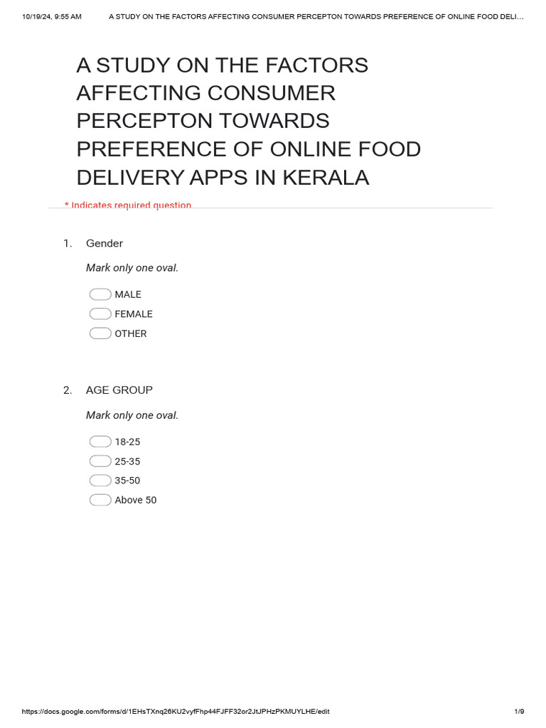 Questionnaire For Research On Consumer Perception Toward Online Food Delivery Apps Gforms | PDF ...