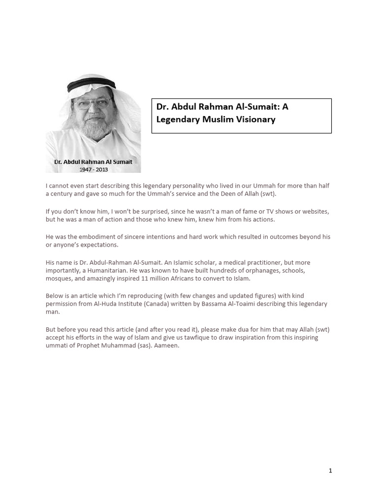 Dr. Abdul Rahman Al-Sumait: A Legendary Muslim Visionary | PDF ...