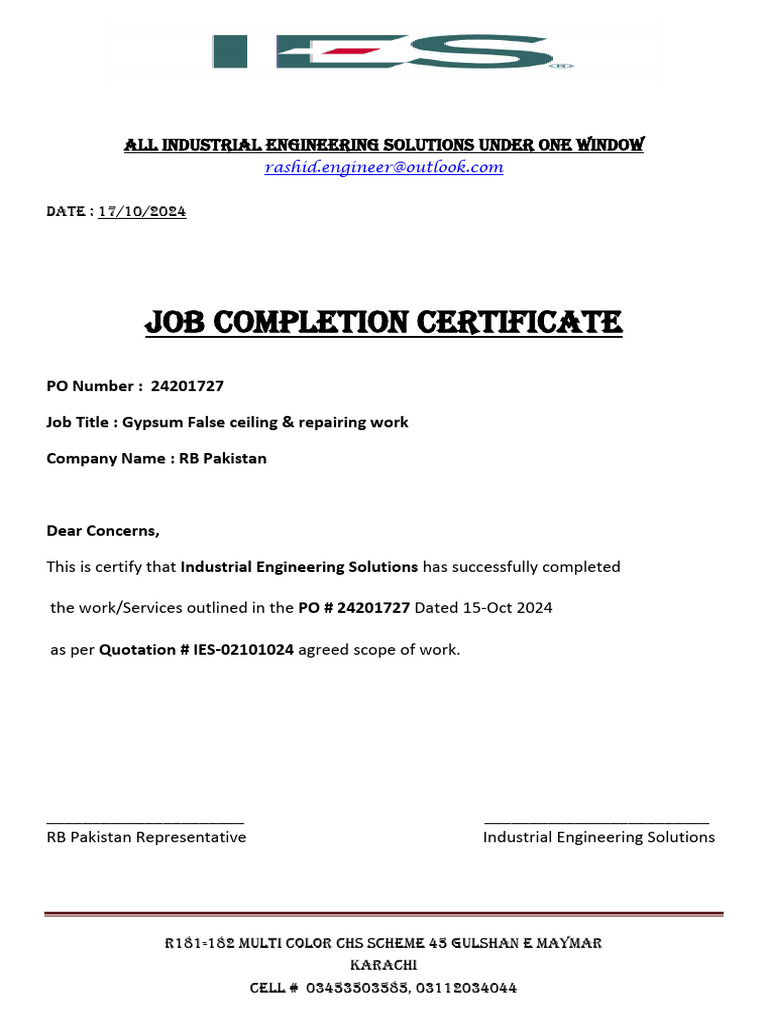 Job Completion Certificate for RB Pakistan | PDF | Business | Computers