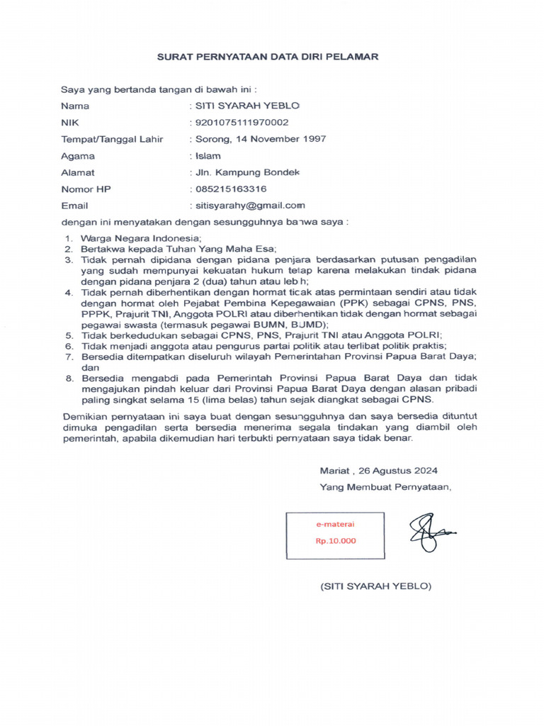 Surat Data Diri Pelamar Siti Syarah Yeblo | PDF