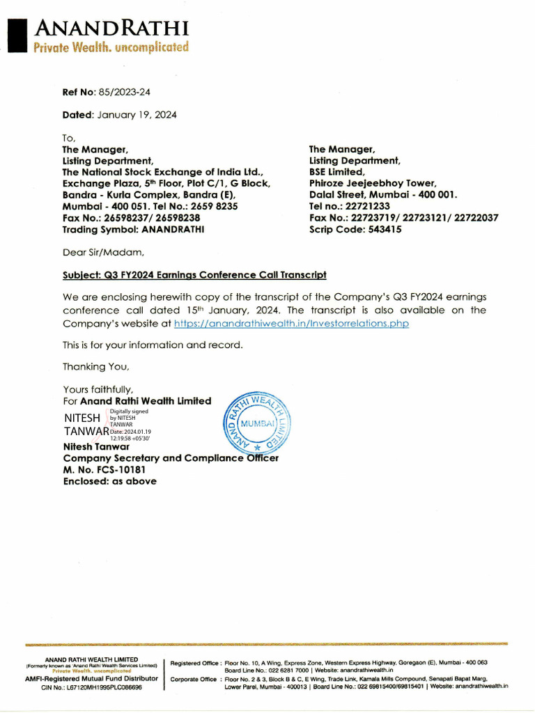 Anand Rathi - CC Q3 2024 | PDF | Yield Curve | Discharge (Hydrology)