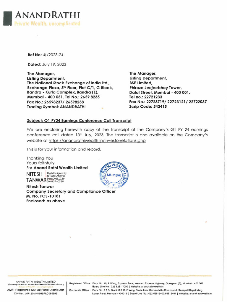 Anand Rathi - CC Q1 2024 | PDF | Investing | Economies