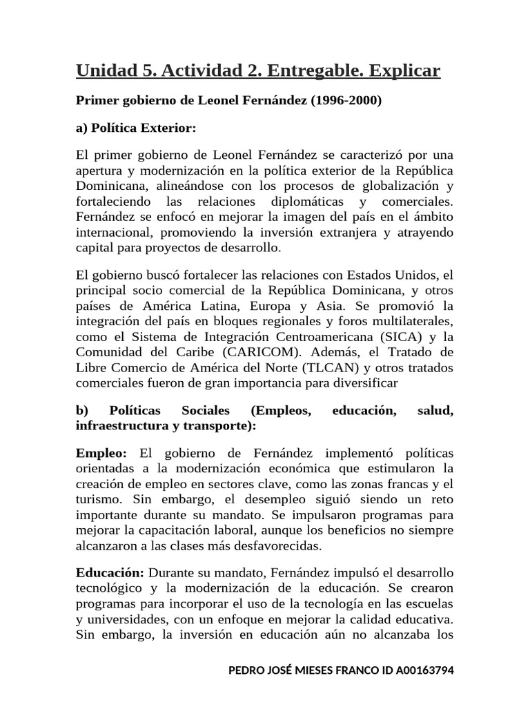 PEDRO JOSÉ MIESES FRANCO ID A00163794 Unidad 5 Gobierno de Leonel | PDF ...