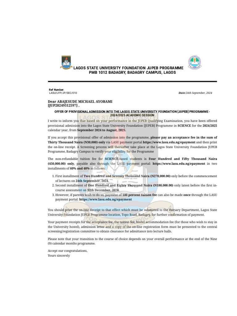 LASU JUPEB Admission Offer 2024/2025 | PDF | Payments | Services ...