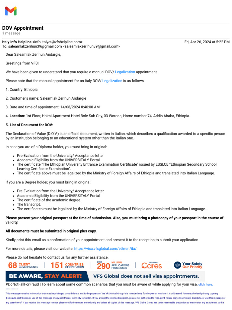 Gmail - DOV Appointment | PDF | Ethiopia