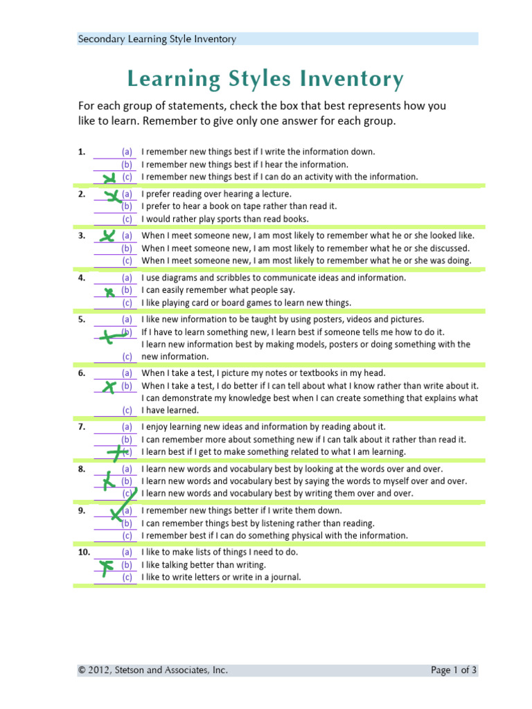 Kolb's Secondary Learning Style Inventory | PDF | Learning | Behavior ...