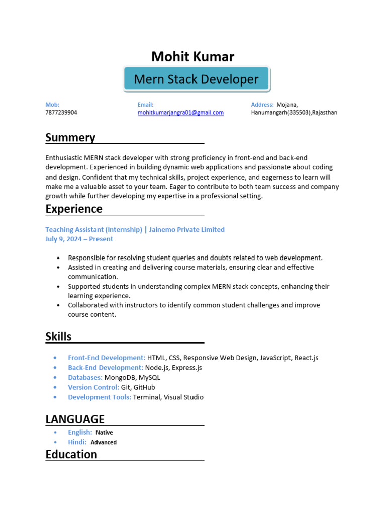 Mohit Kumar CV-1 | PDF | Java Script | Bootstrap (Front End Framework)