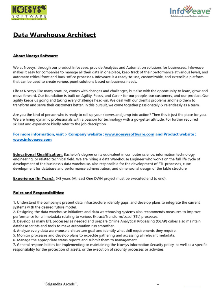 JD-Noesys - Data Warehouse Architect | PDF | Data Warehouse | Information Management