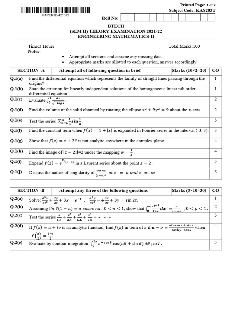 Btech 2 Sem Engineering Mathematics 2 Kas203t 2022 | PDF | Pi | Fourier Transform