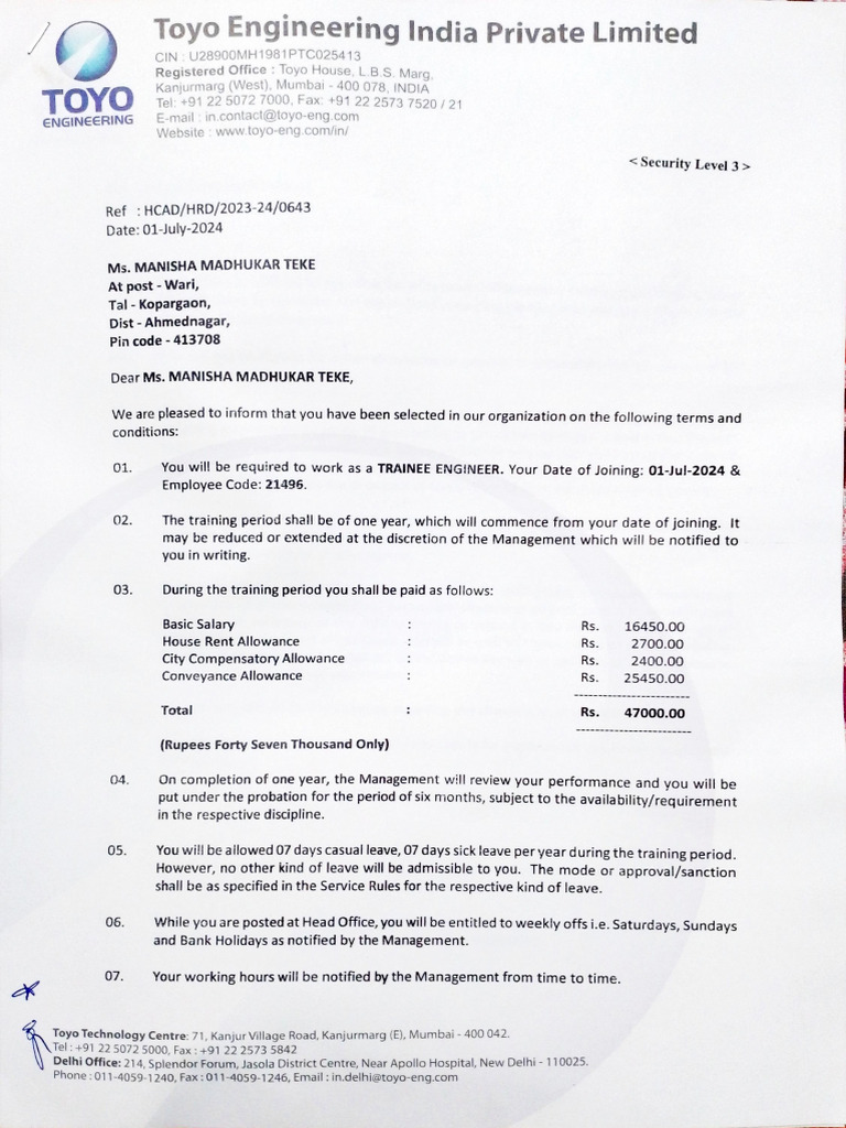 Offer Letter - Manisha Teke | PDF | Private Law | Government