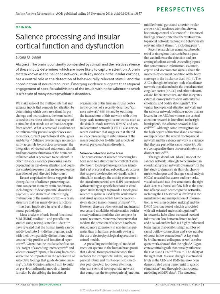 Uddin 2014 Salience Processing and Insular Cortical | PDF | Insular Cortex | Cerebral Cortex