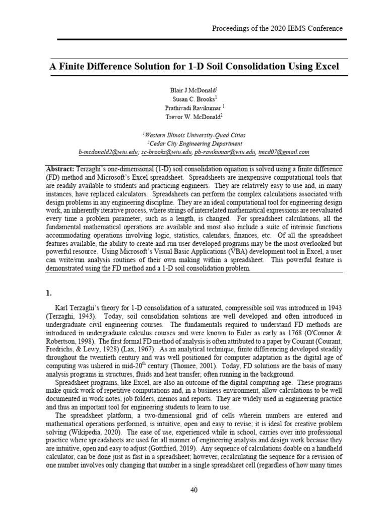 McDonald - Finite Difference Solution For 1-D Soil Consolidation Using Excel | PDF | Finite ...