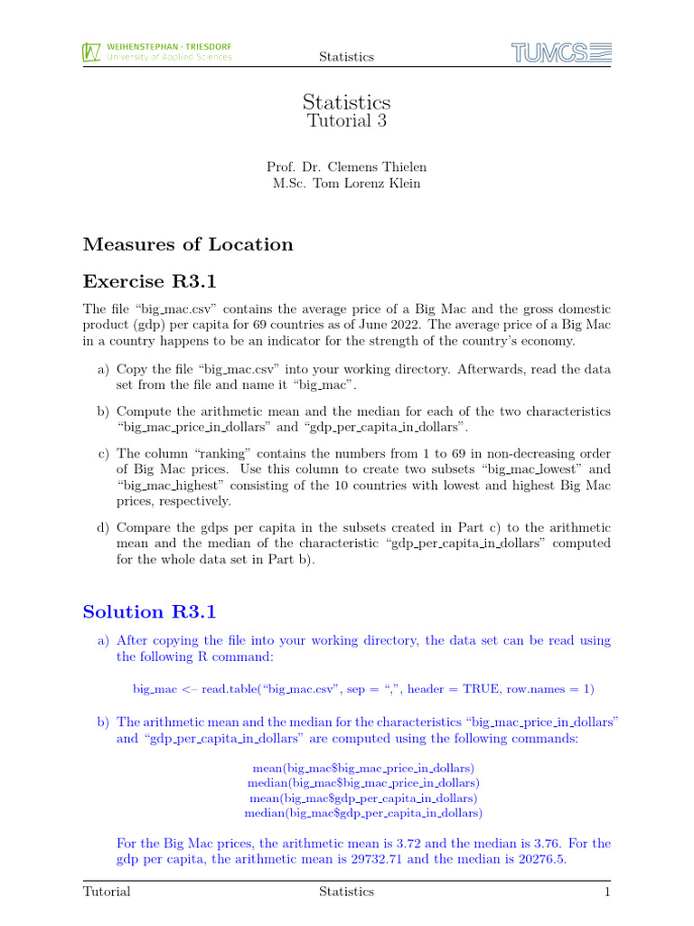 Solutions for Additional Tutorial Sheet 3 | PDF | Mean | Gross Domestic Product