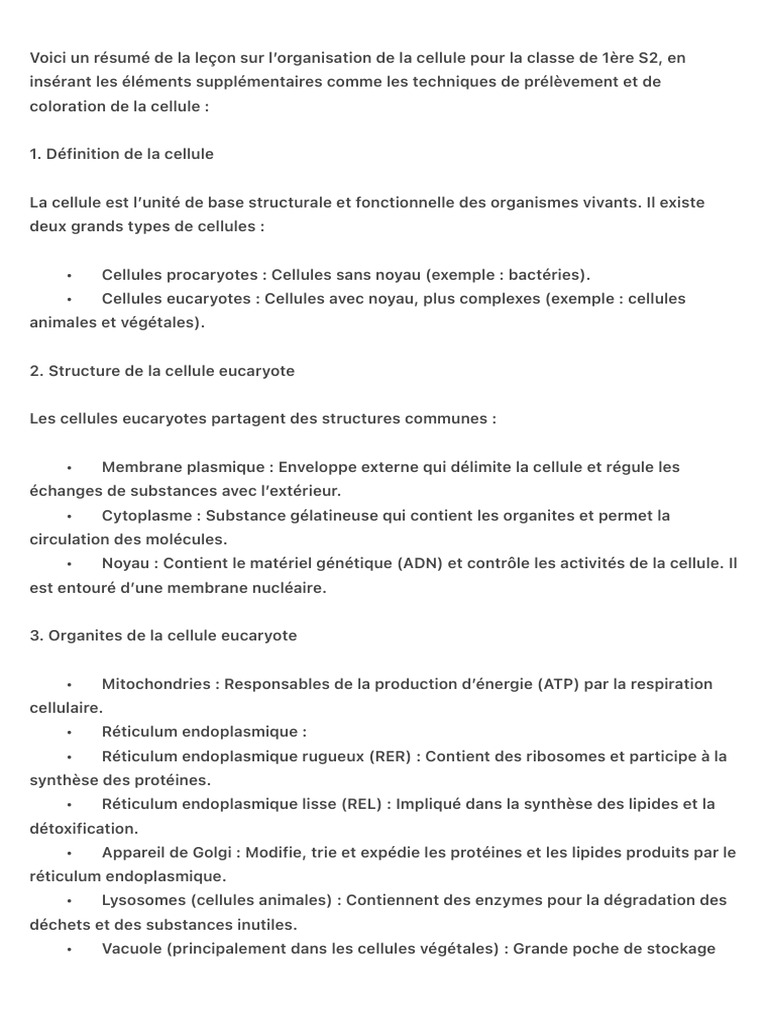 Organisation et Fonctionnement Cellulaire | PDF | Cellule (Biologie ...