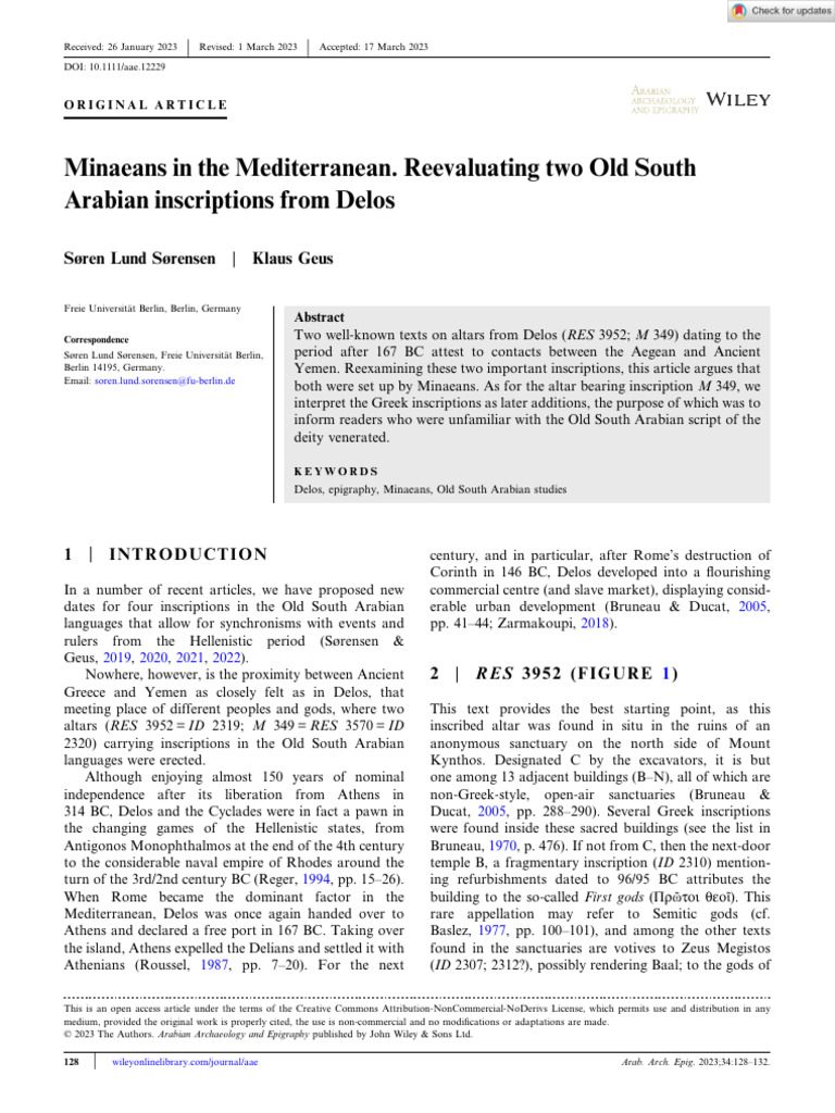 Arab Archaeol Epigr - 2023 - Sorensen - Minaeans in The Mediterranean ...