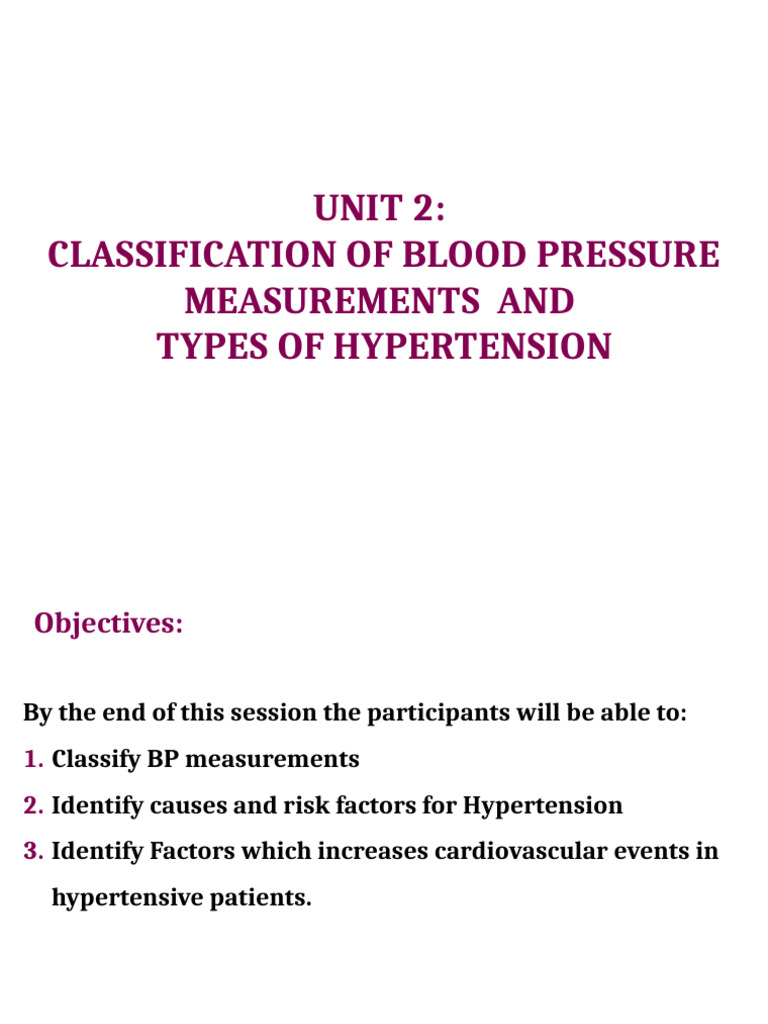 Unit 2 - Classification of BP Measurements | PDF | Hypertension | Blood ...