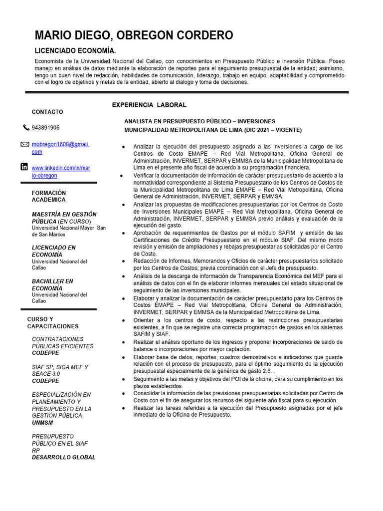 CV - MARIO DIEGO OBREGON CORDERO_ PRESUPUESTO PUBLICO | PDF ...