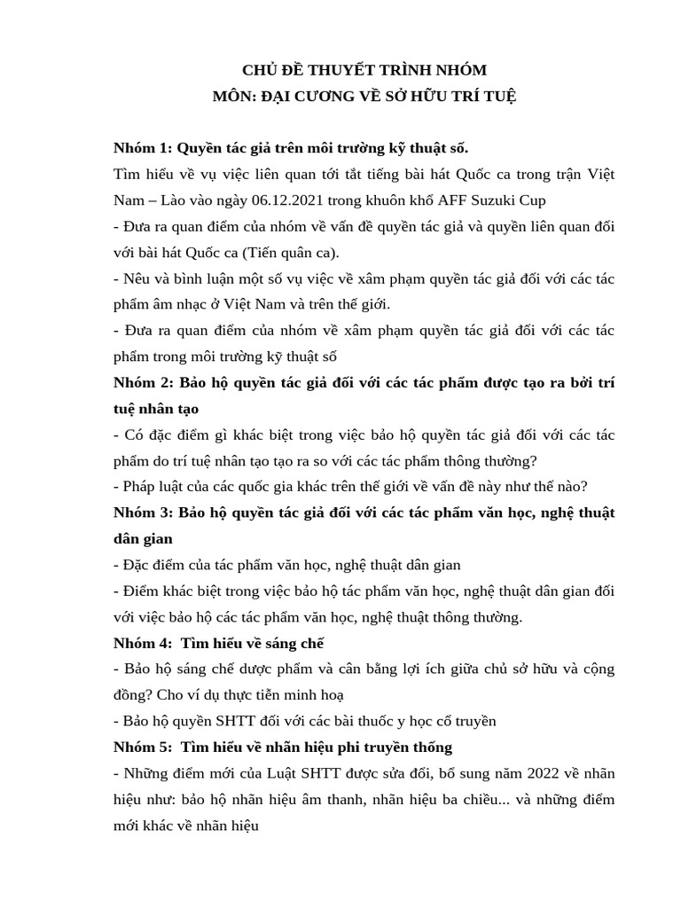 2024. APD. Chủ đề thuyết trình nhóm môn Luật SHTT | PDF