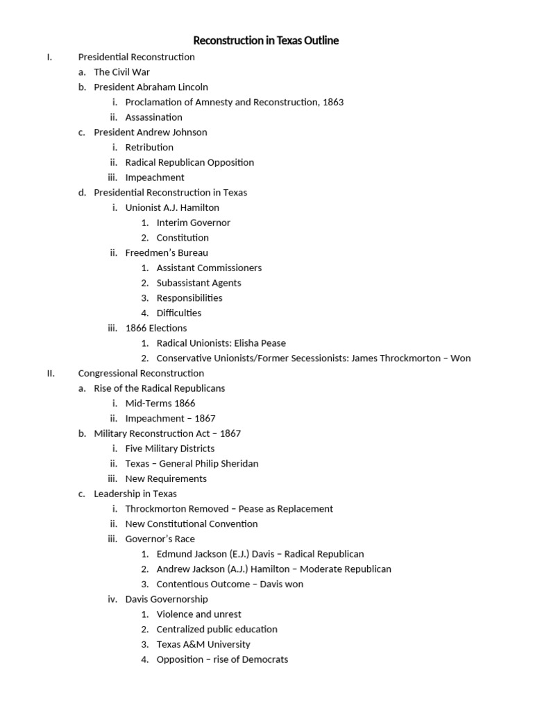 Texas in Reconstruction Outline | PDF | Reconstruction Era | Society Of ...