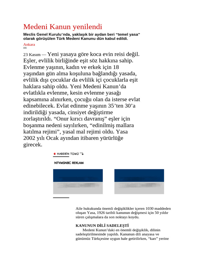Medeni Kanun Yenilendi | PDF