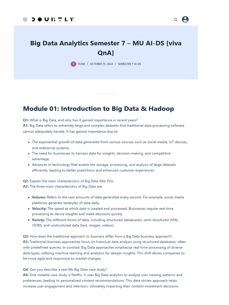 WWW Doubtly in Big Data Analytics Semester 7 Mu Ai Ds Viva Qna | PDF | Apache Hadoop | Map Reduce