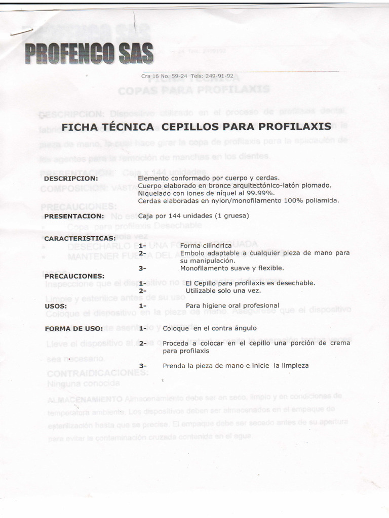 Ficha Tecnica Cepillos de Profilaxis | PDF